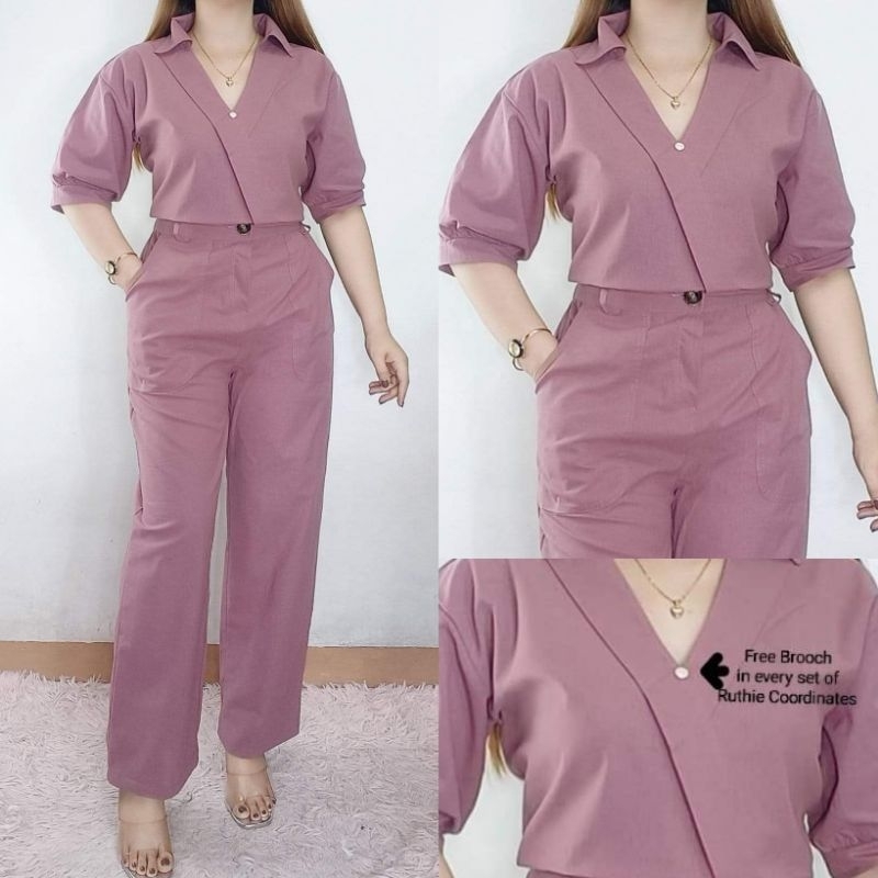CALESHA | Ruth Coords Set for Women Collared Blouse with ¾ Sleeve (Fit ...