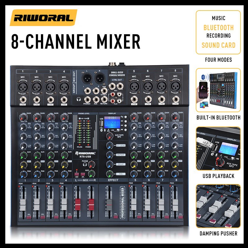 Audio Mixer 8 Channel audio interface Player Recording USB 12 Channel ...