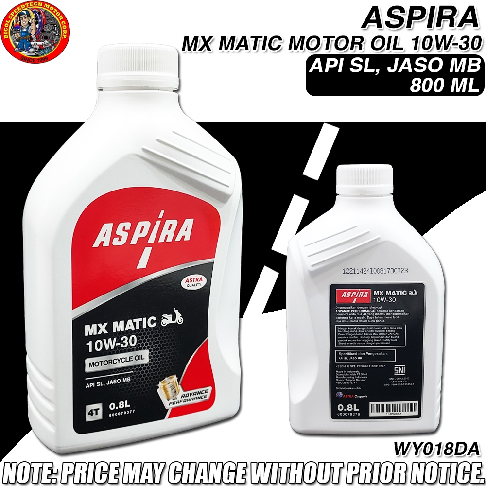 ASPIRA MX MATIC MOTOR OIL 10W-30 API SL, JASO MB (800ML) (WY018DA ...