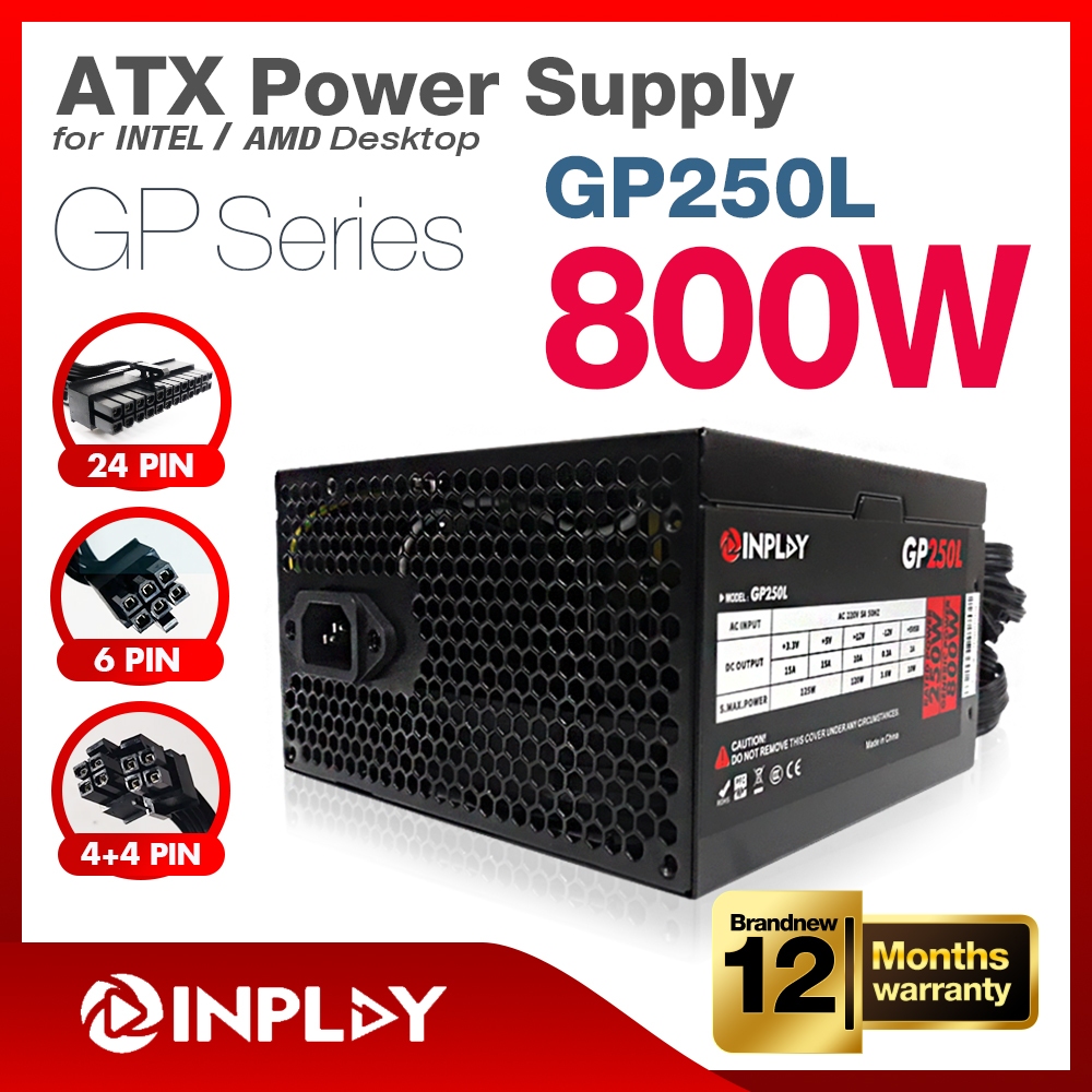 InPlay GP250L 800W Power Supply - with 6pin GPU cable - PSU for PC ...