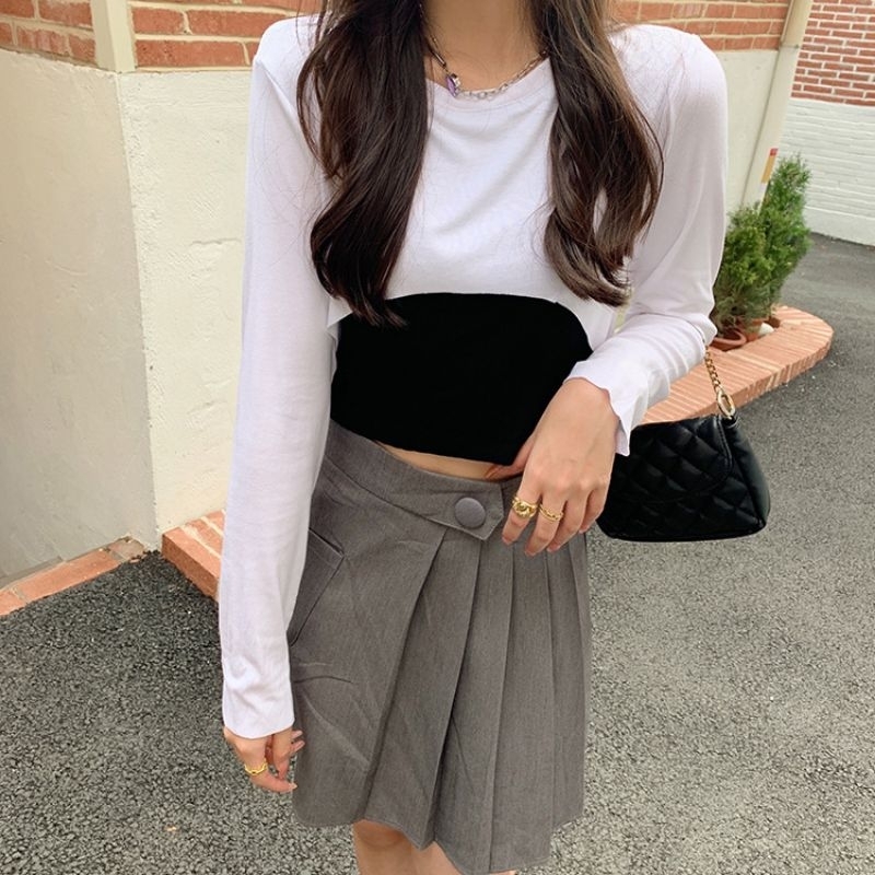 women fashion loose long sleeves crop top u shape trending cotton ...