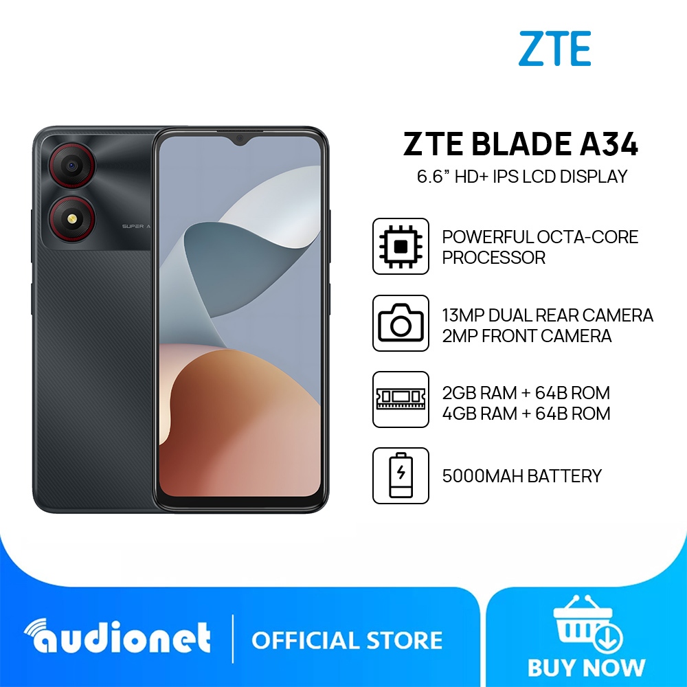 ZTE Blade A34 | 2GB/4GB+64GB | Octa-core Processor | 6.6” HD+ IPS LCD ...