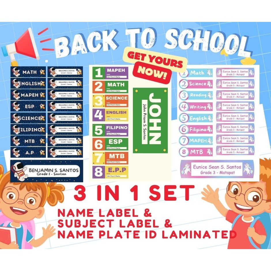 Personalized sticker Name, Sticker Subject and Laminated Name Plate 3 ...