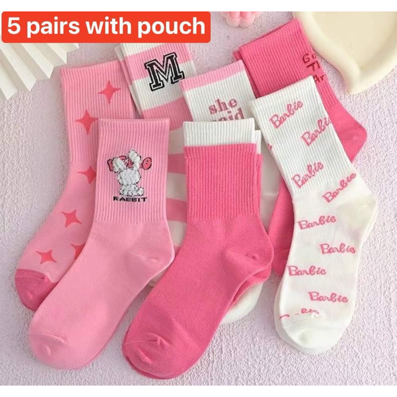 5 pairs with pouch Cute Pink Style Mid Cut Socks | Shopee Philippines