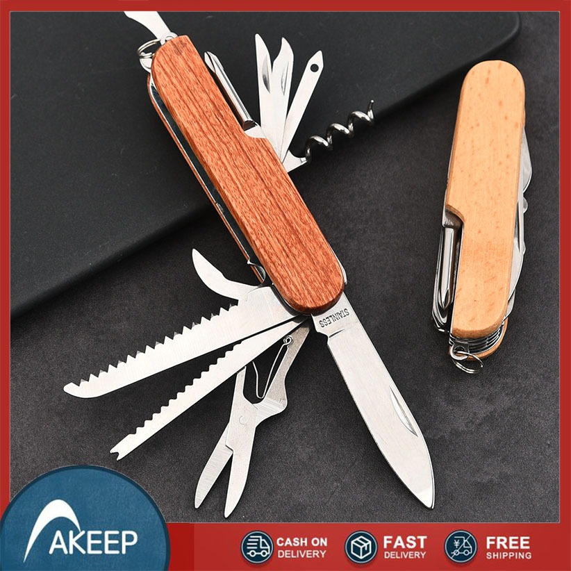 Wooden Swiss Knife / Camping Knives Wooden Multi Tool Swiss Pocket Knife Bamboo Champagne Opener ...