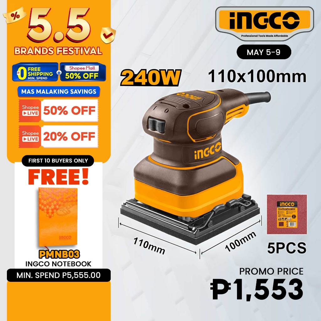 Ingco Palm Sander Wood Finishing Tool Sanding Machine 240W With 5Pcs ...