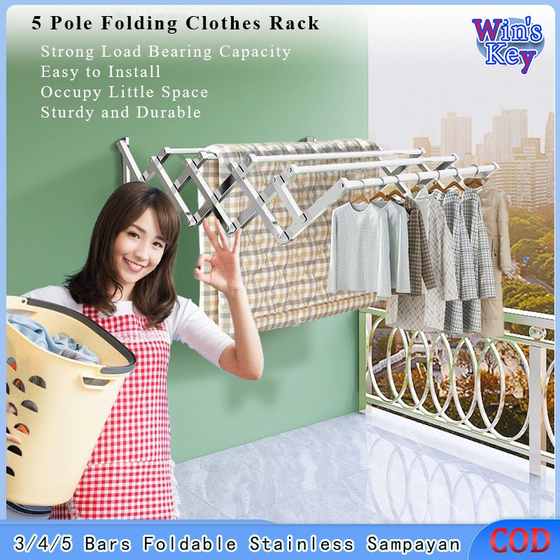 5 Bars Sampayan Foldable Stainless Clothes Hanging Rack Heavy Duty Wall ...