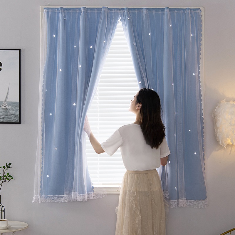 HALLOMALL Simple Velcro Blackout Hollow Out Stars Curtains Double Layer ...