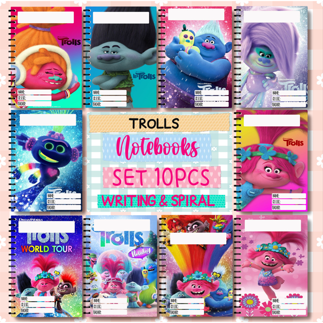 TROLLS laminated writing notebook set of 6 and 10 good for grade school ...