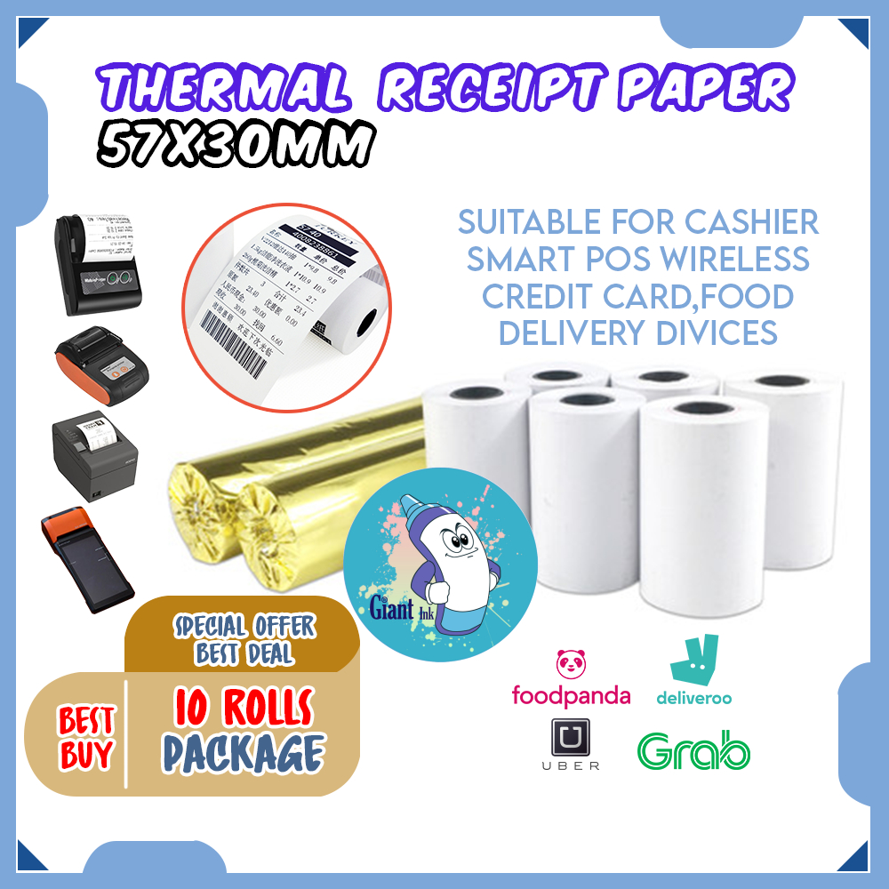 10 roll 57x30mm Receipt Paper Roll for Mobile POS 58mm Thermal Printer ...