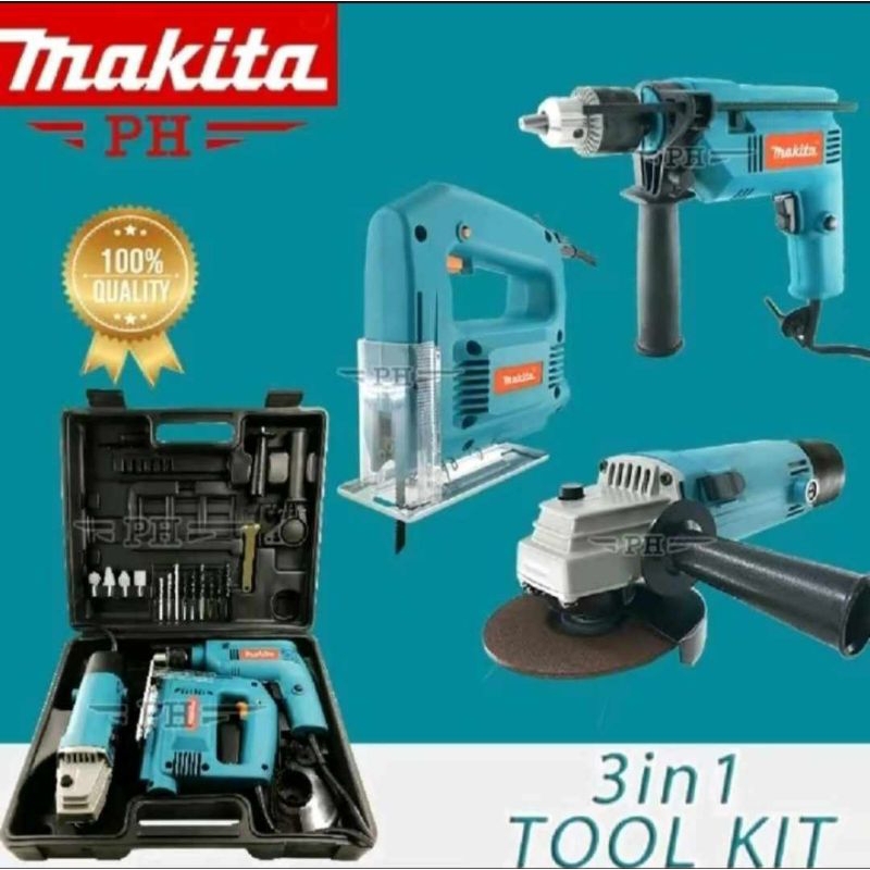 Makita 3 in 1 Angle Grinder and Impact Drill and JigSaw Set With ...