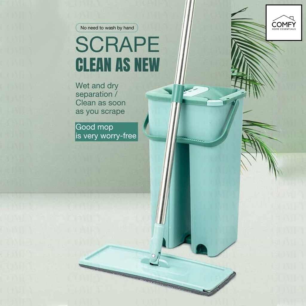 2 in 1 Smart Self-Wash Squeeze Dry Flat Scrape Floor Mop Bucket Tool ...