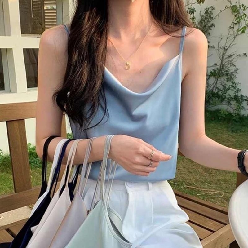 sleeveless cowl neck full length tops spaghetti strap sando tank tops ...