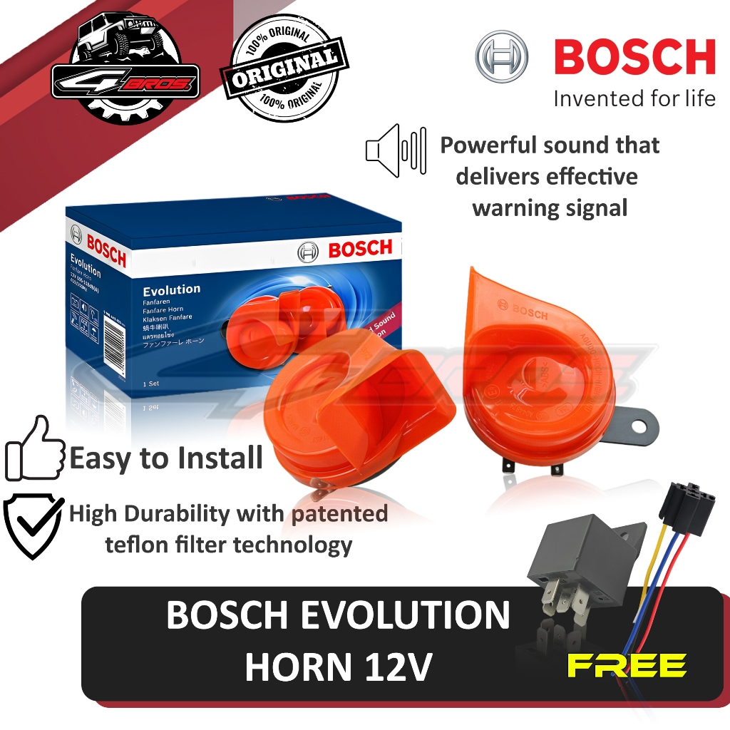 Bosch Evolution Fanfare Horn 12v (ORANGE) SET w/ Free Relay and Socket ...