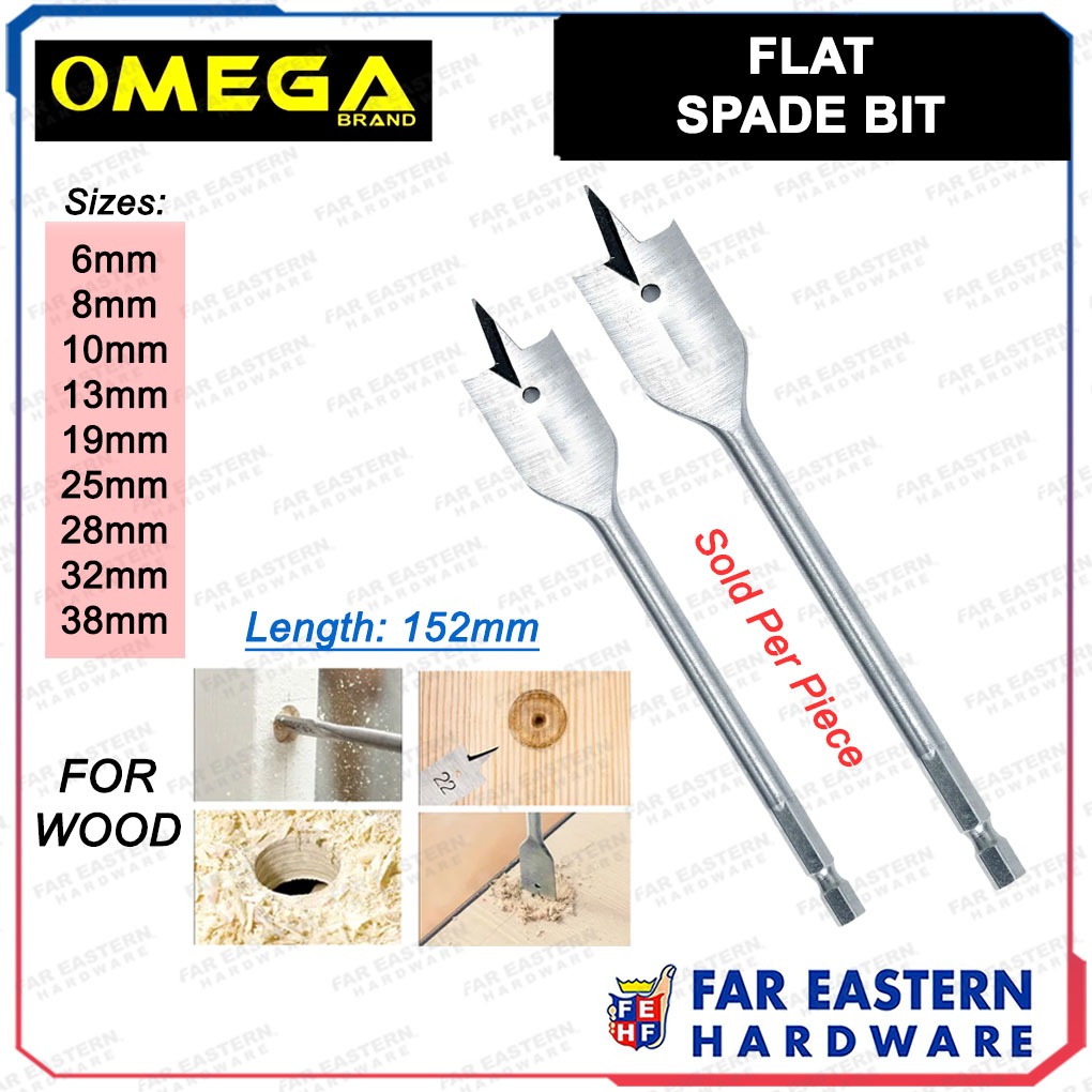 OMEGA Flat Spade Drill Bit for Wood 6mm 8mm 10mm 13mm 19mm 25mm 28mm ...