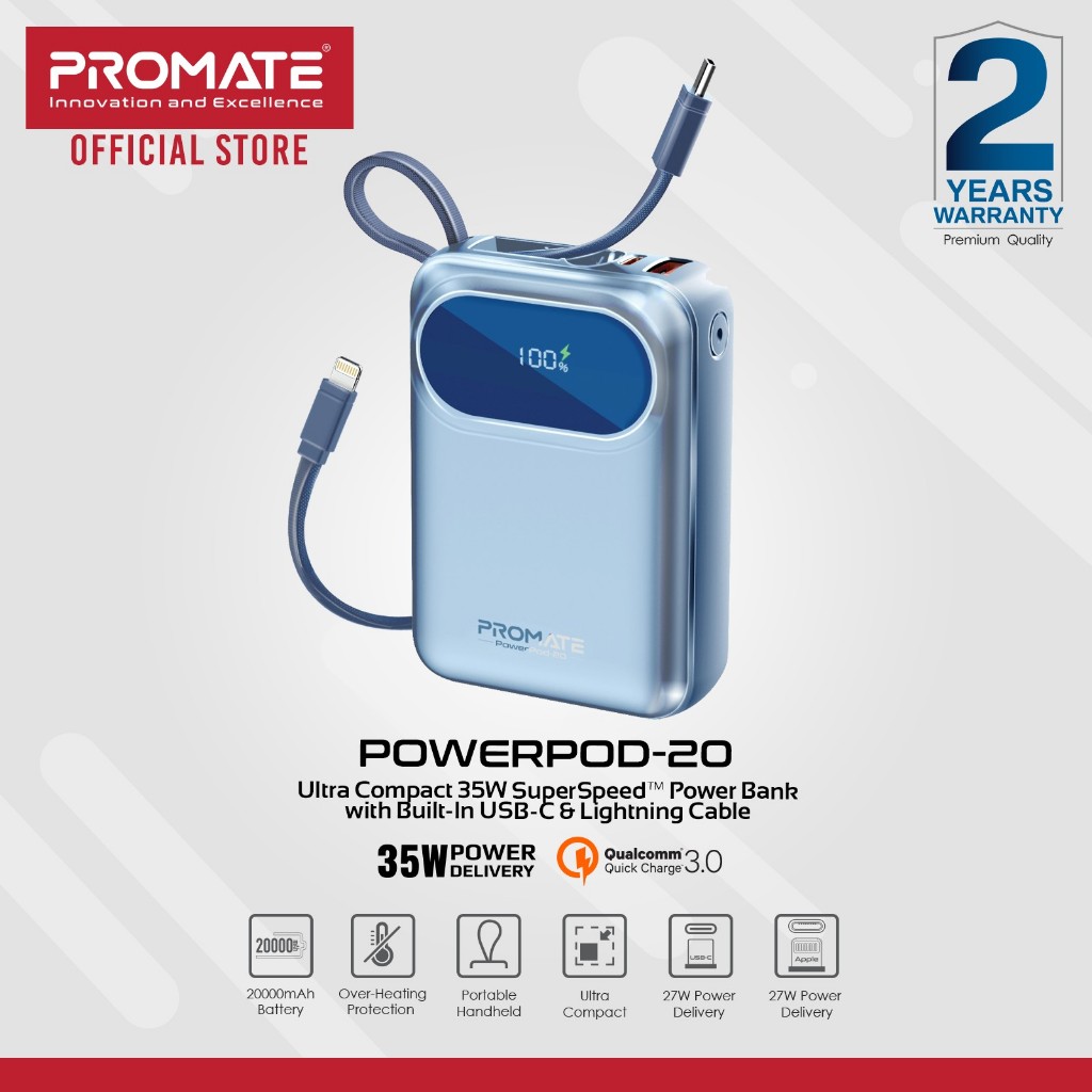 Promate Powerpod-20 Ultra Compact 35W Super Speed Power Bank with Built ...