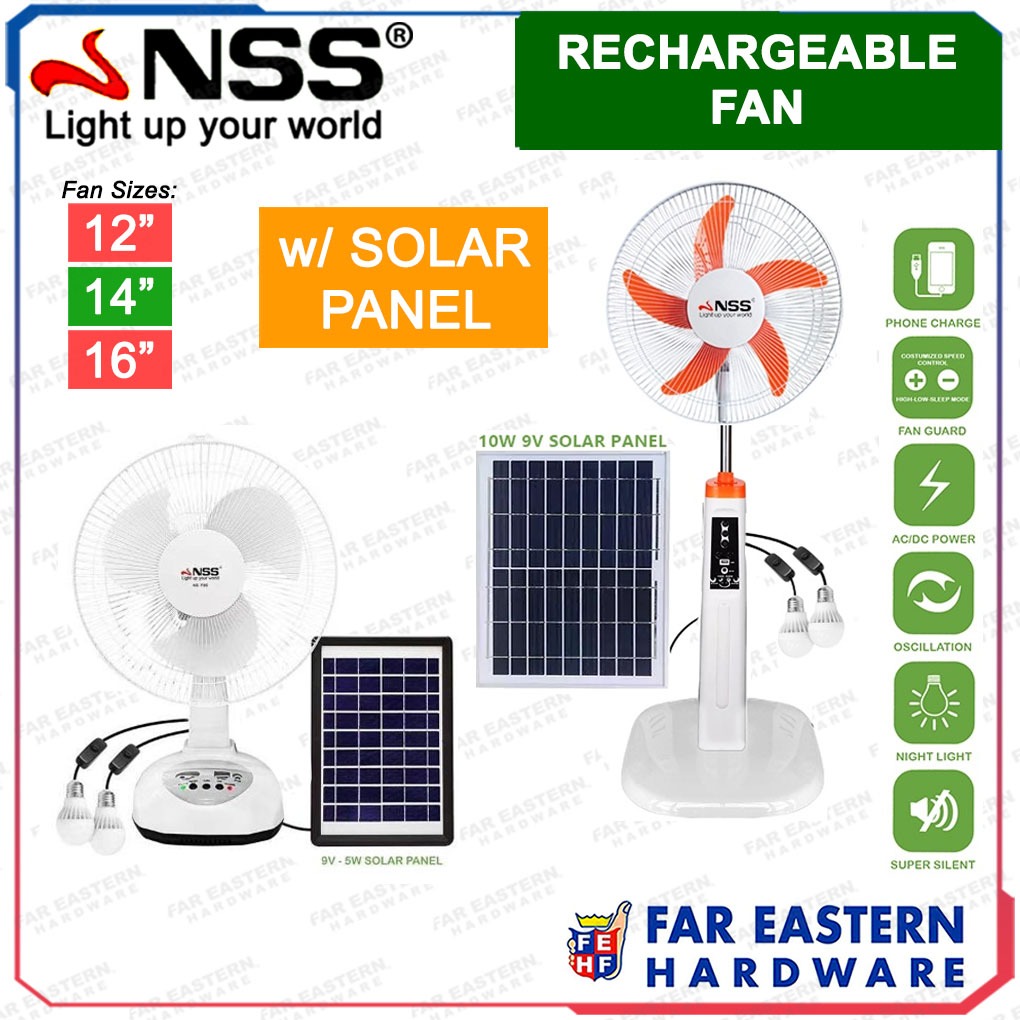 NSS Rechargeable Electric Fan w/ Solar Panel Charging & Emergency LED ...