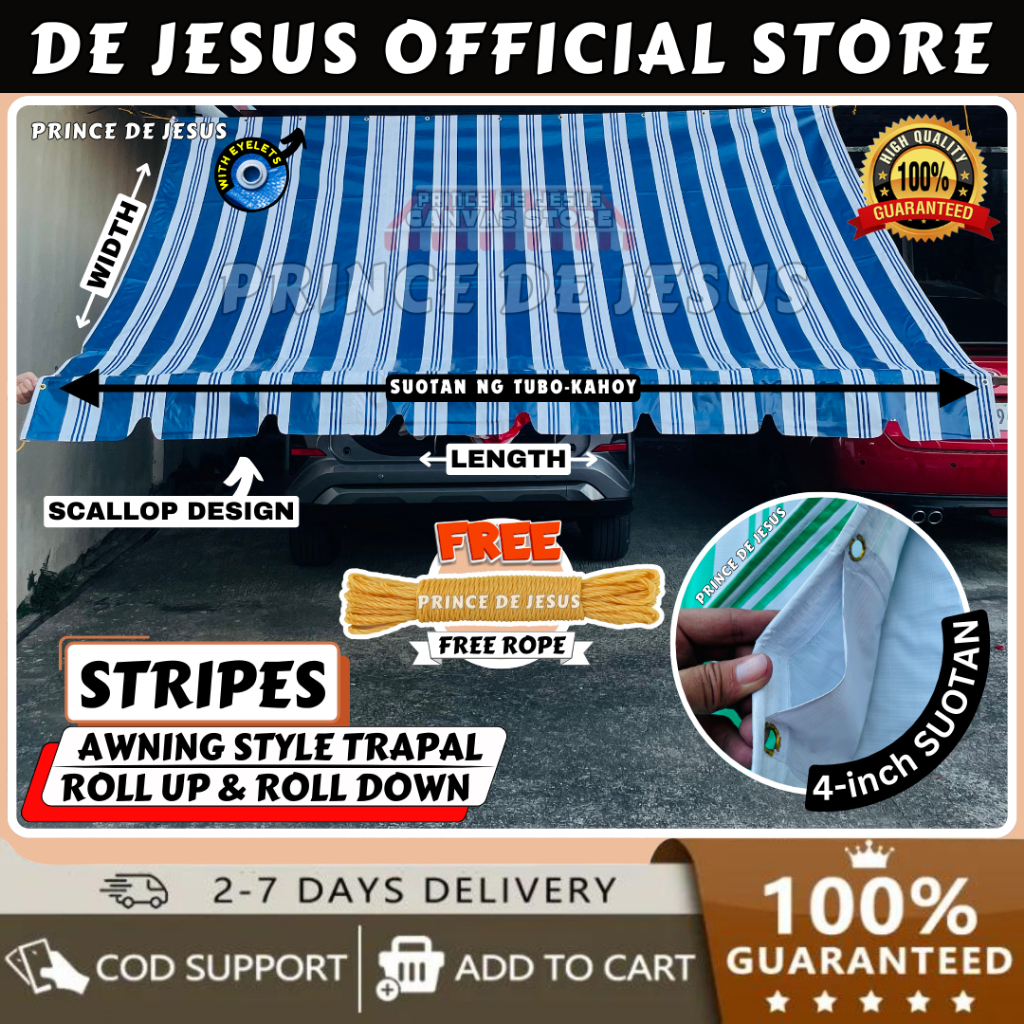 6ft x 6ft FREE ROPE LONA TRAPAL STRIPES - TOLDA TRAPAL AWNING ROLL-UP ...