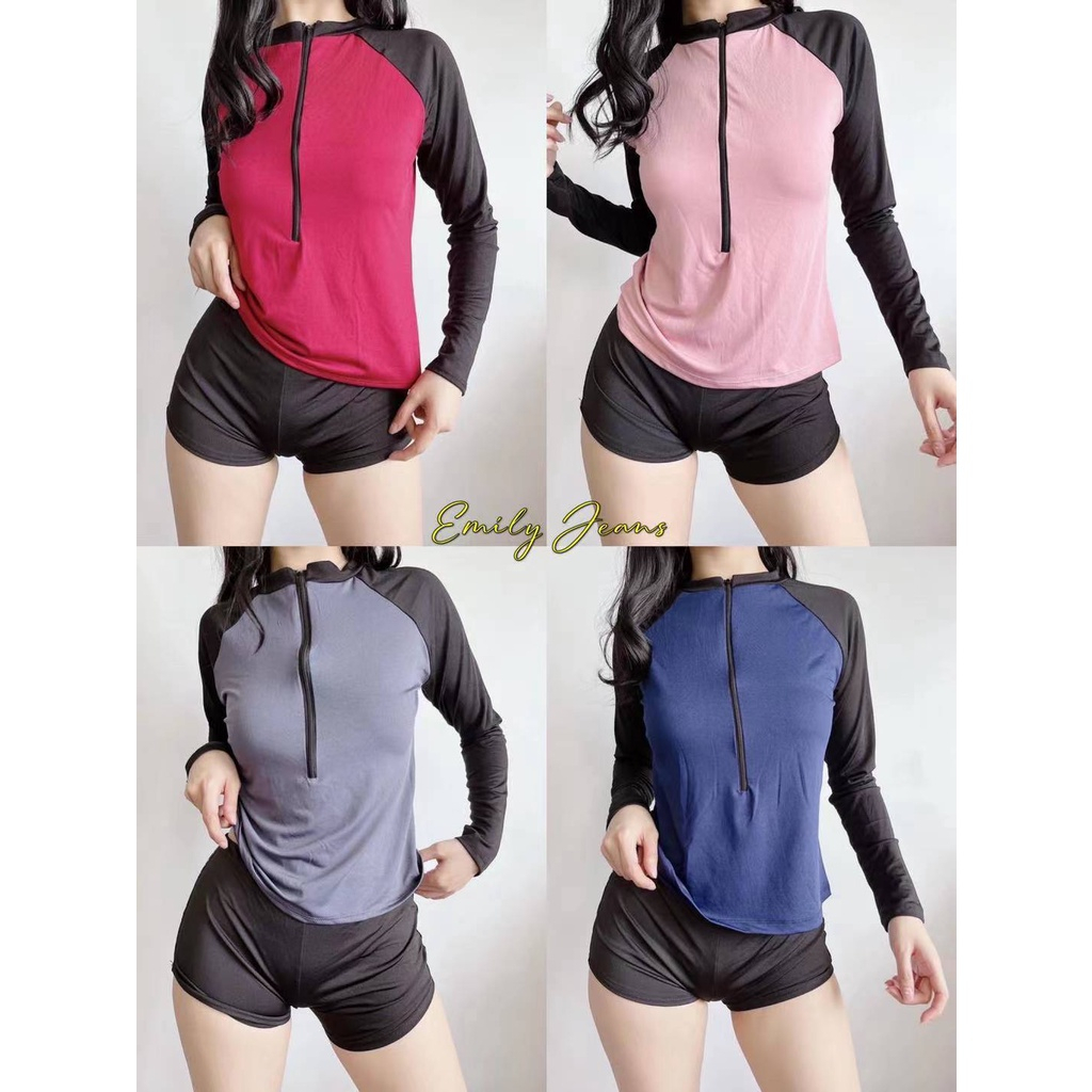 EMILY Rash Guard Zipper Long Sleeve Top with Short Terno Coordinates ...