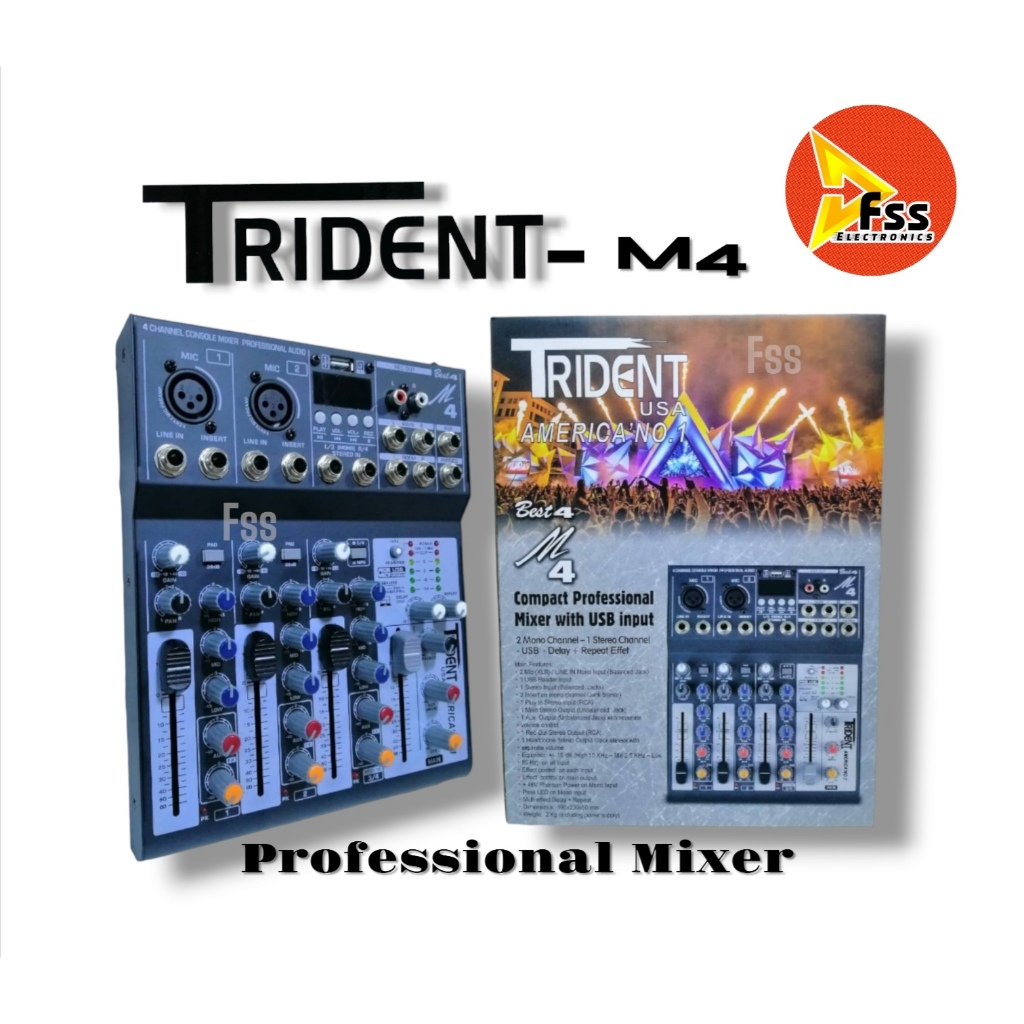 TRIDENT M4 MIXER COMPACT 4 CHANEL PROFFESIONAL MIXER W/ USB INPUT Input ...