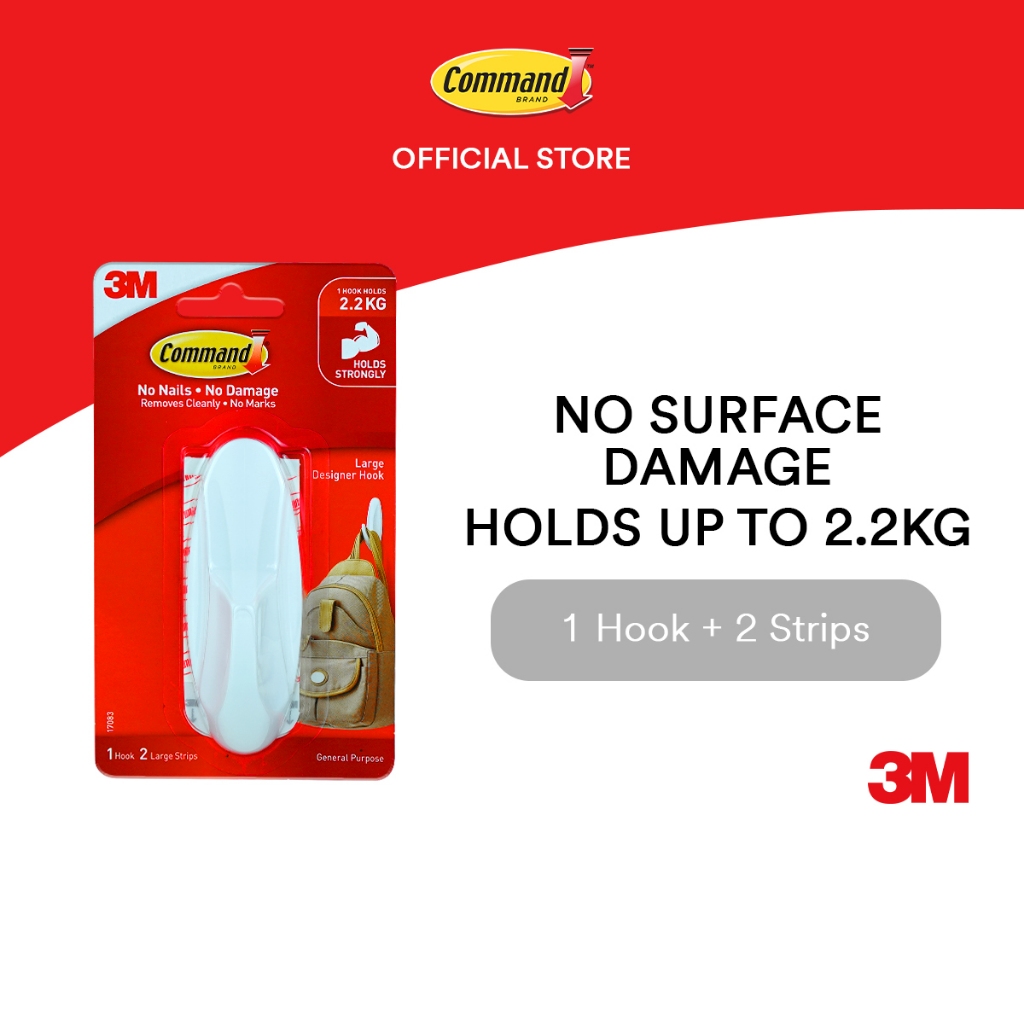 3M™ Command™ Large Designer Hook 17083, 1Hook + 2Large Strips Holds up to 2.2KG | Shopee Philippines