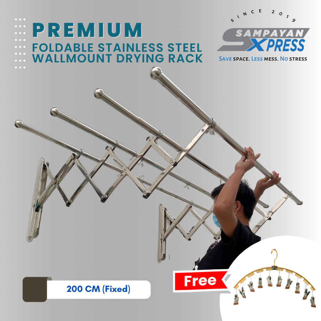 SAMPAYAN XPRESS 4 Pole (200cm) PREMIUM Retractable Stainless Steel Wall Mounted Clothes Drying ...