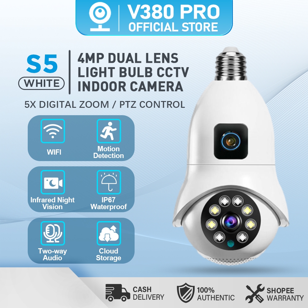 V380 Pro S5 4MP Dual Lens Bulb CCTV Camera PTZ Control Motion Detection Automatic Tracking Bulb ...