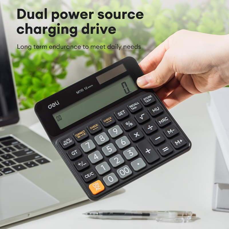 Deli 12 Digits Big Display Solar Desktop Electronic Calculator for School&Office (With Battery ...