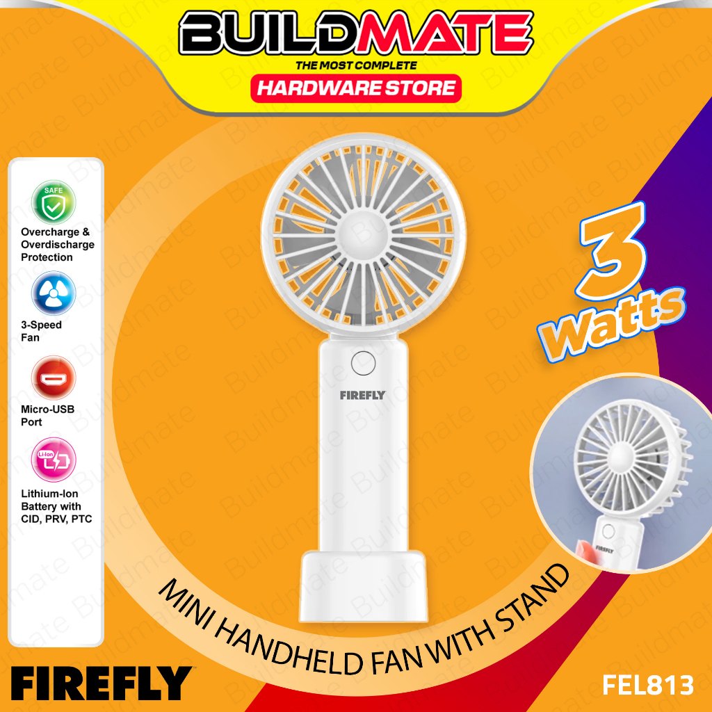 BUILDMATE Firefly 3W Rechargeable Mini Handy Fan with Stand Portable ...
