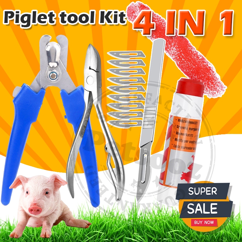 4 IN 1 Pig kit Piglet tail cutter+Pig tooth nipper+Piglet castration cutter+Animal crayon marker ...