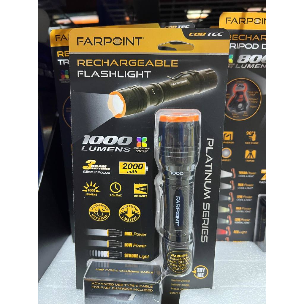 Farpoint Rechargeable Flashlight 1000 lumens 2000 mah splash proof 3 ...