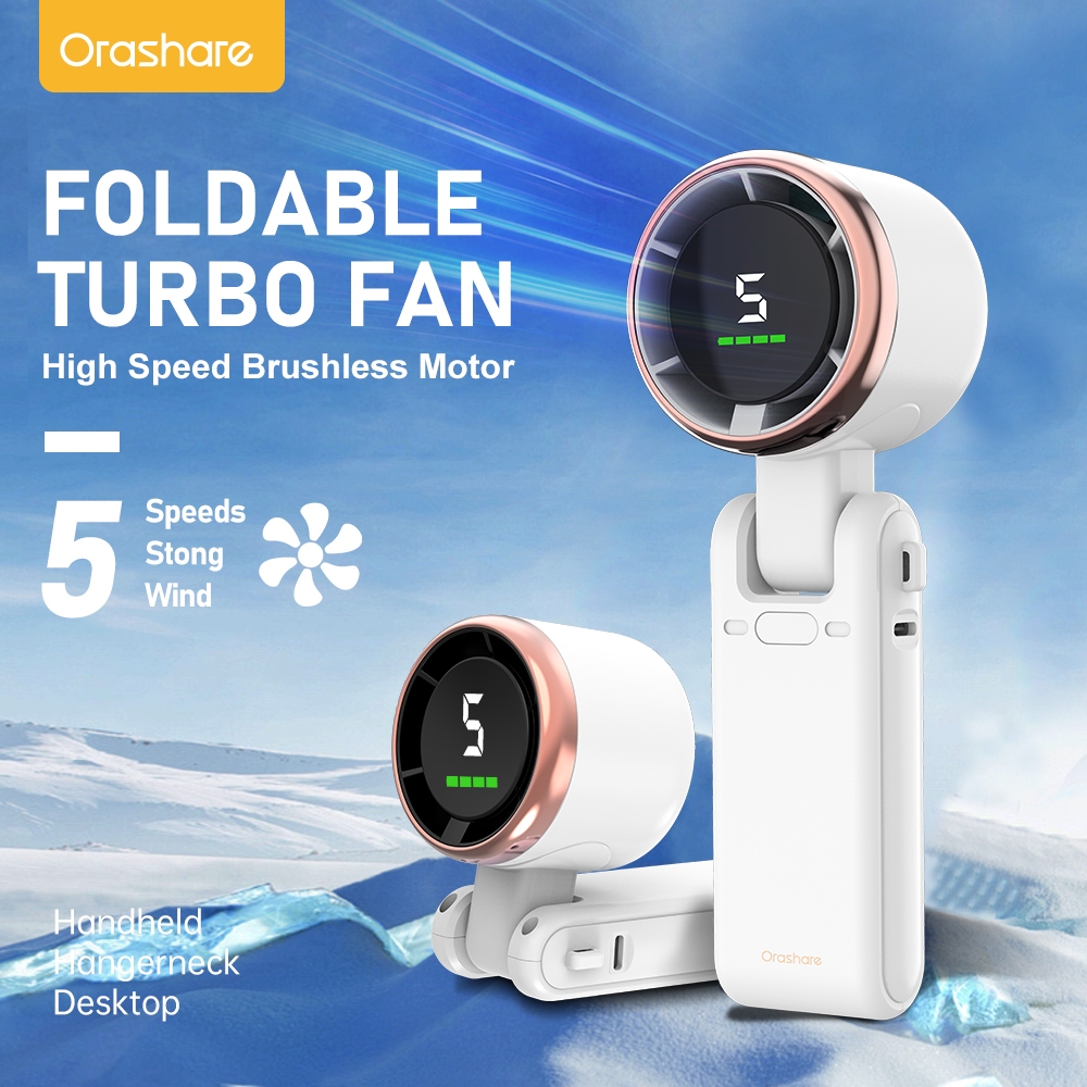Orashare HF03Pro Portable Foldable Turbo Fan 5 Speeds Rechargeable Mini Handheld /Hanging Neck ...