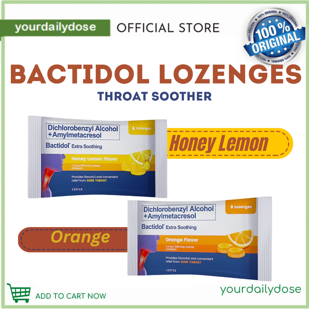 BACTIDOL LOZENGES RELIEF FROM SORE THROAT HONEY LEMON & ORANGE 8'S ...