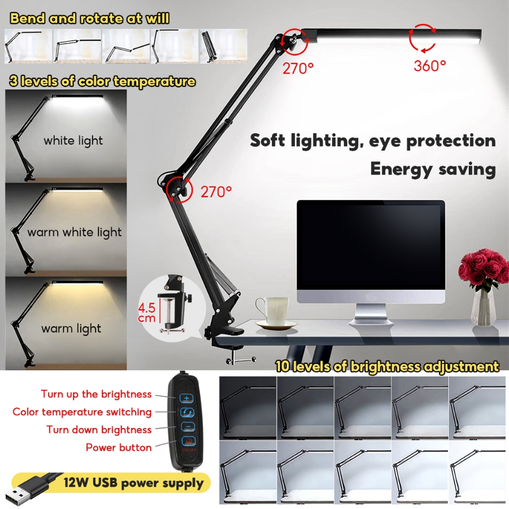 Desk Lamp Fordable LED Study Lamp Clip On Light Clamp Long Arm Dimming ...