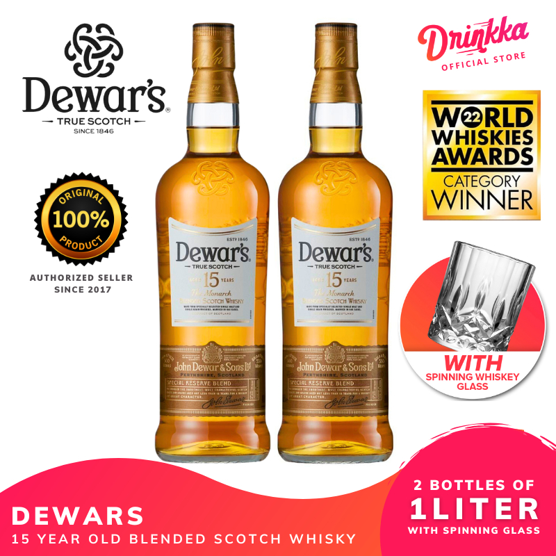 Dewars 15 Year Old Blended Scotch Whisky 1L (2 Bottles) 40% ABV with Spinning Whiskey Glass ...