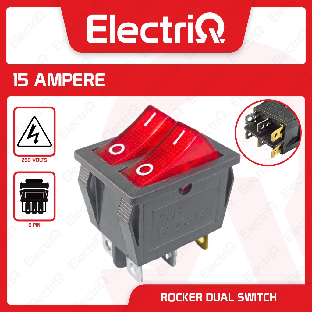 Electriq I Rocker Dual Switch (15A 250V AC) 6 Pin On-Off with Red Light ...