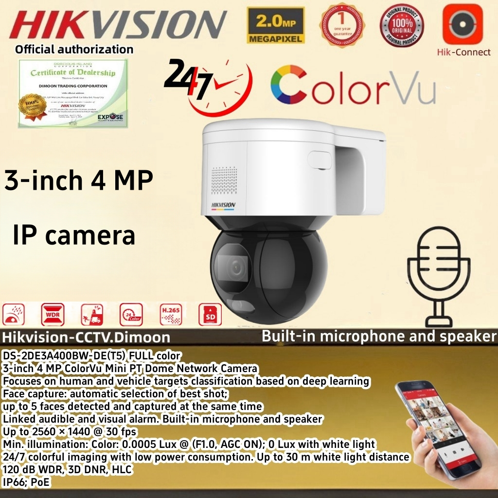 Hikvision 3-inch 4 MP ColorVu Mini PT Dome Network Two-way audio POE IP ...