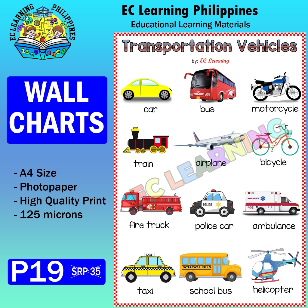 TRANSPORTATION VEHICLES Laminated Educational Wall chart for kids - EC ...