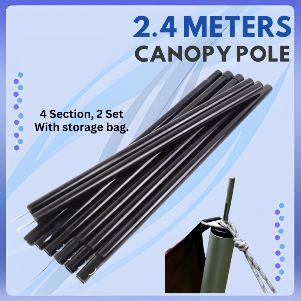 2.4meters 2 Set Black Camping Tent Pole Awning Rod 4 Section Steel Iron ...