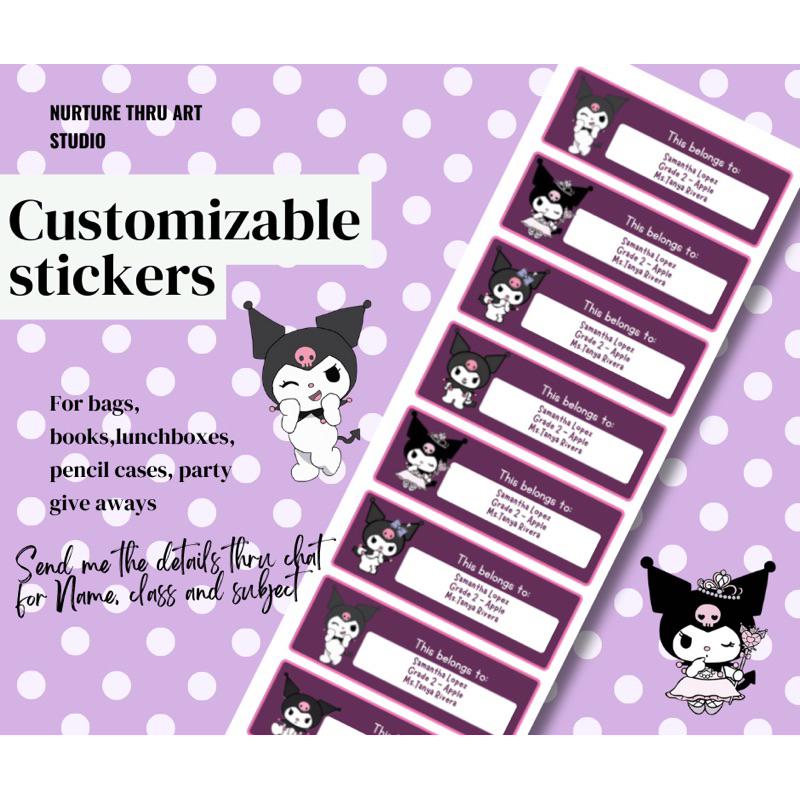 Cute Kuromi kids name tag stickers for school, notebooks, school ...