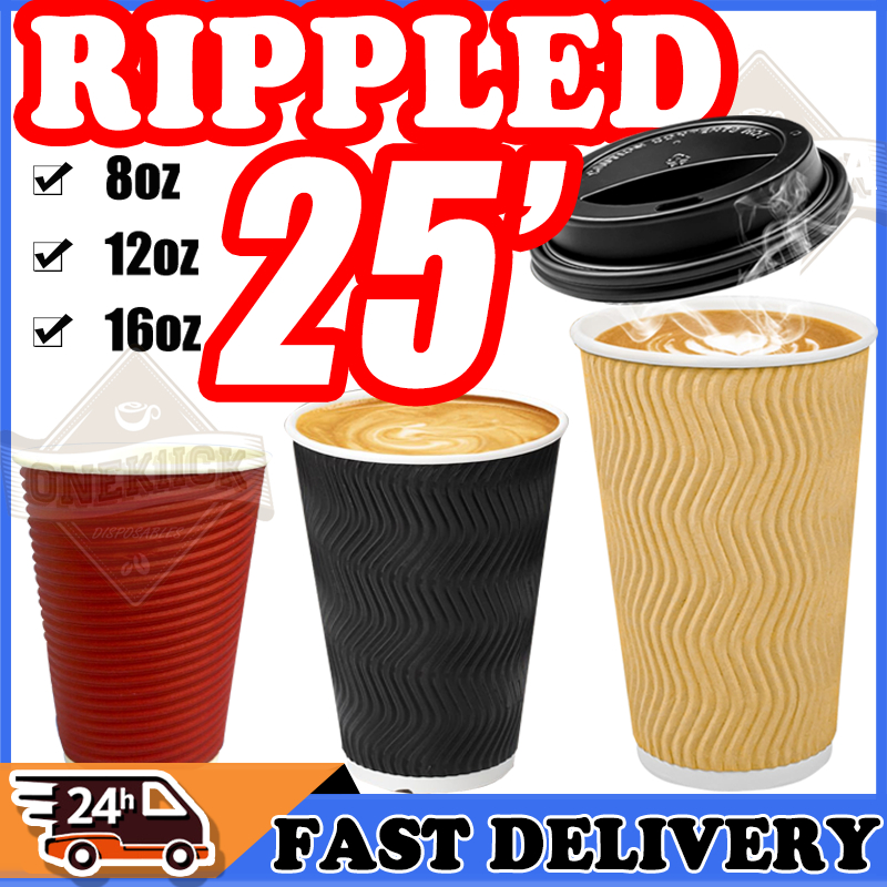 【25pcs】Rippled Cup With Lid Hot Coffee Cups Sipping Without 8 12 16 Oz ...