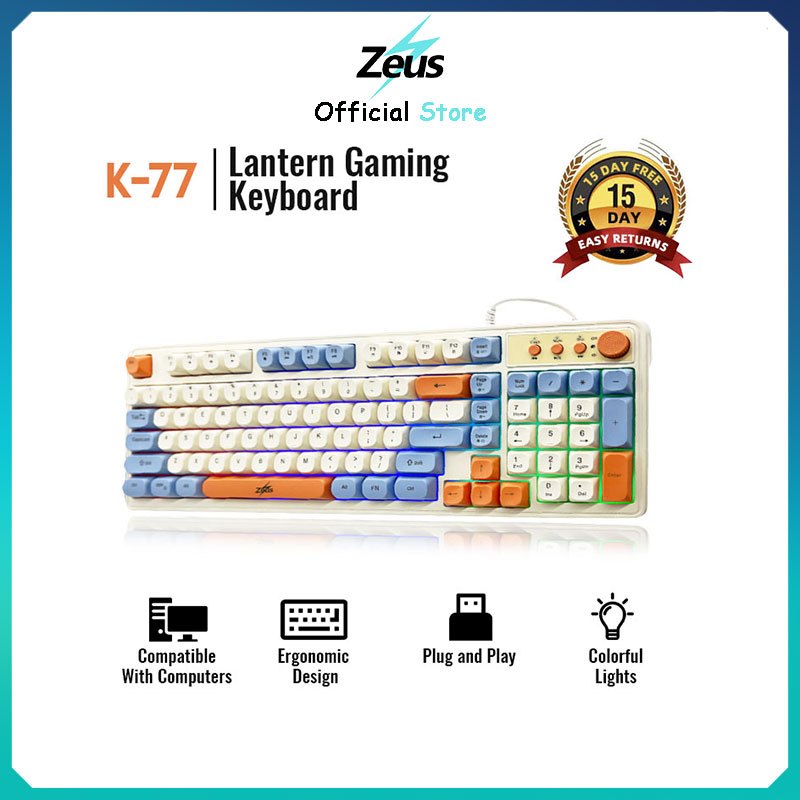 Zeus® K77 98 Keys Wired Gaming Keyboard USB Mechanical Feel With Volume Knob Control Media ...