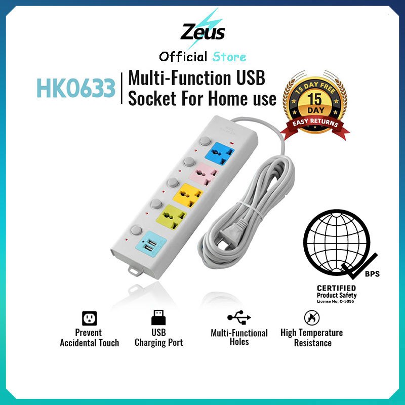 Zeus Multi-Function Socket Extension Outlet with 4 Power Socket AND 2 ...