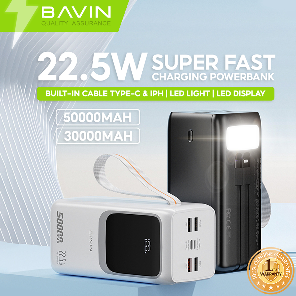 BAVIN PC1032 50000mAh / PC1031 30000mAh 22.5W PD Fast Charging Power bank Built-in Cable LED ...