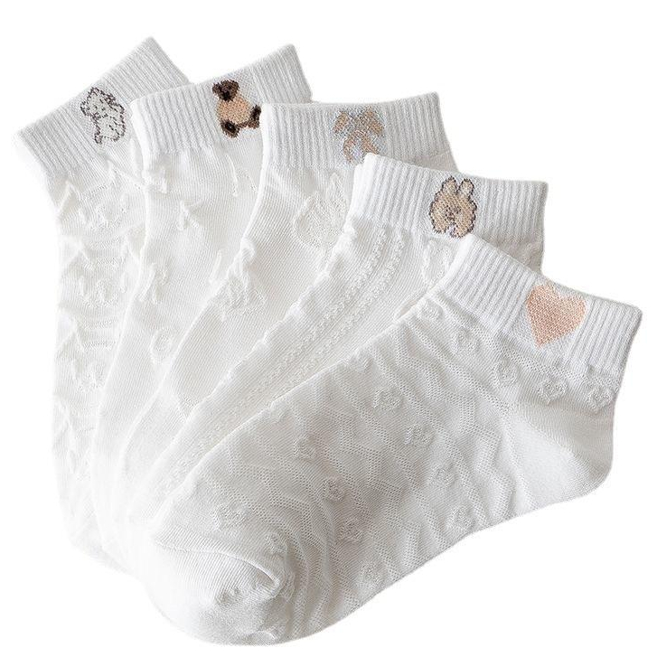 Women Teens White Socks Spring Summer Pure Cotton Bottom Floral Socks ...