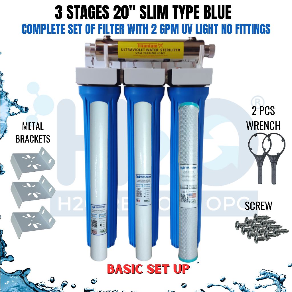 3 Stages Water Filter 20" Slim Type with Complete Set of Filters Plus 2 ...