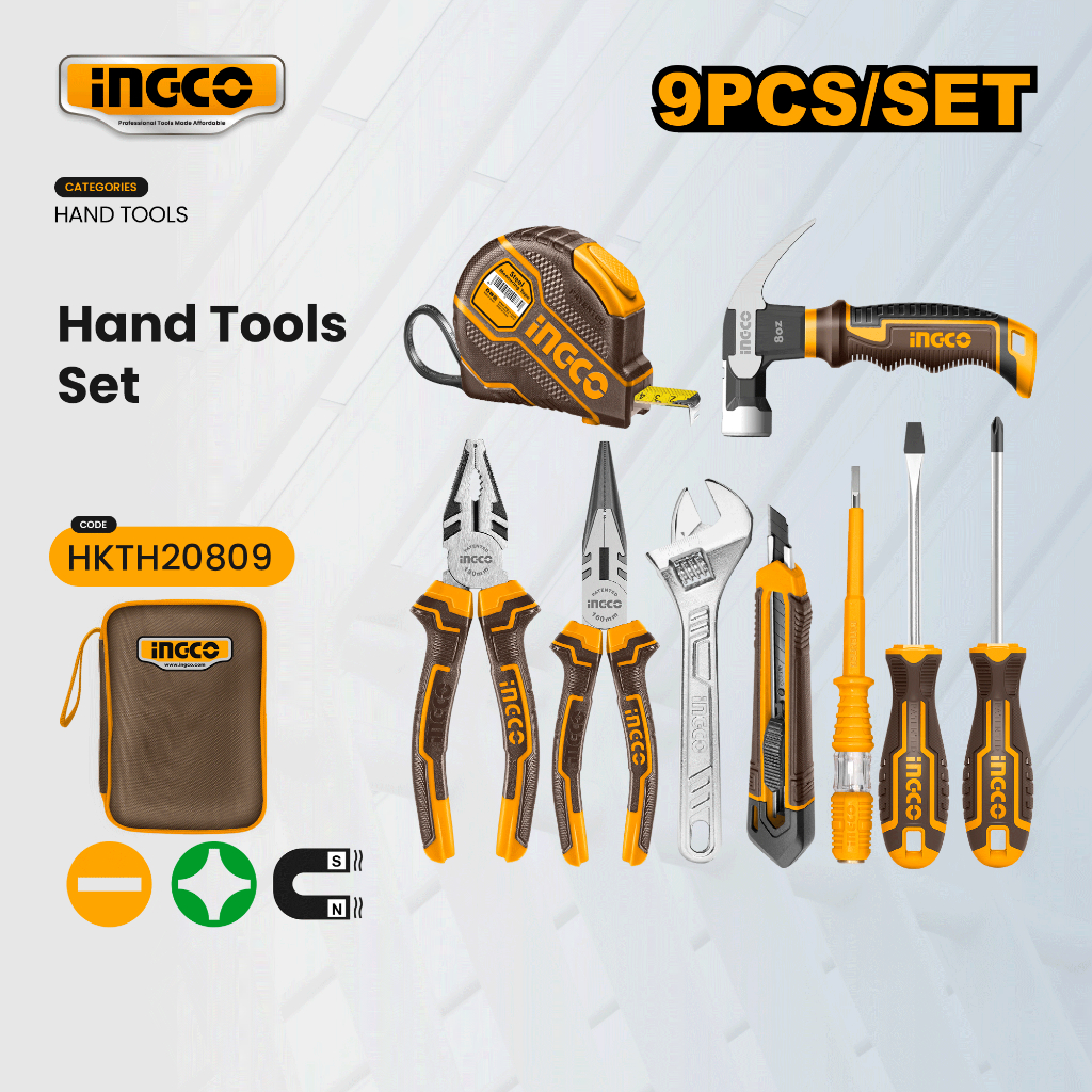 Ingco 9Pcs Hand Tools Set with Tool Bag for DIY and Construction ...