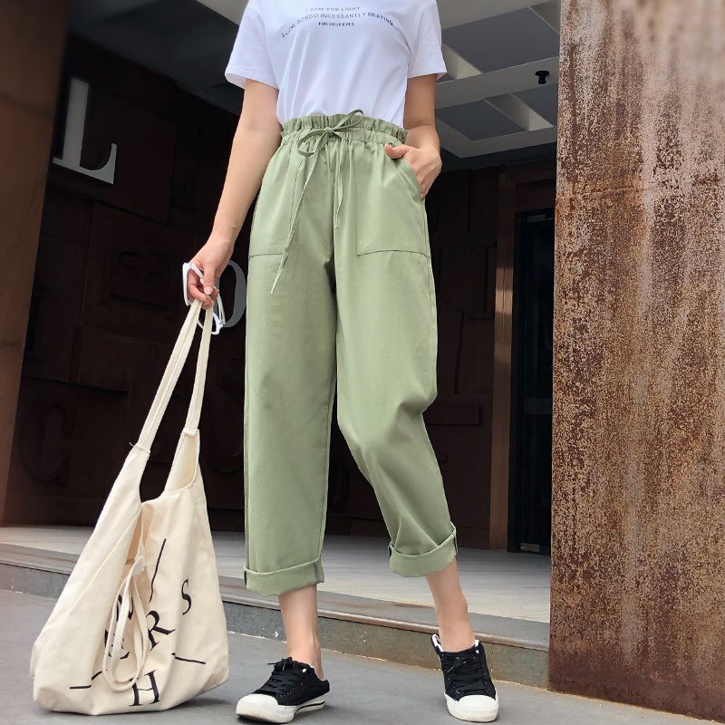 Women's casual pants models Korean solid color trouser elastic waist ...