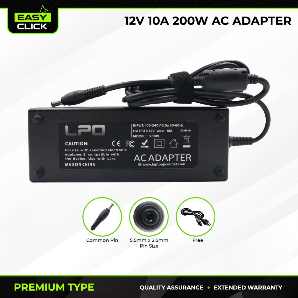 Power Supply Adapter 12V 10A 200W 5.5mm X 2.5mm For CCTV Camera LED ...