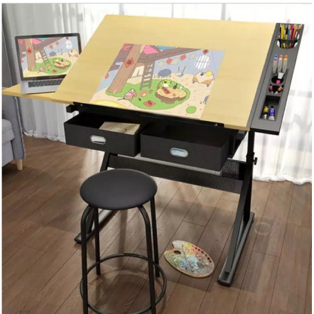 【HOT】Drafting table adjustable height tilting with drawers stool pen ...